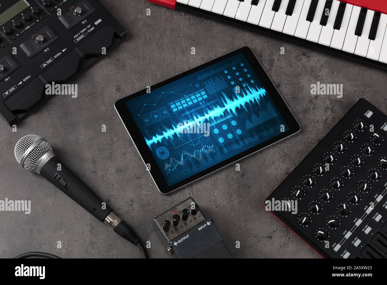 Music instruments and tablet with recording sound concept Stock Photo ...