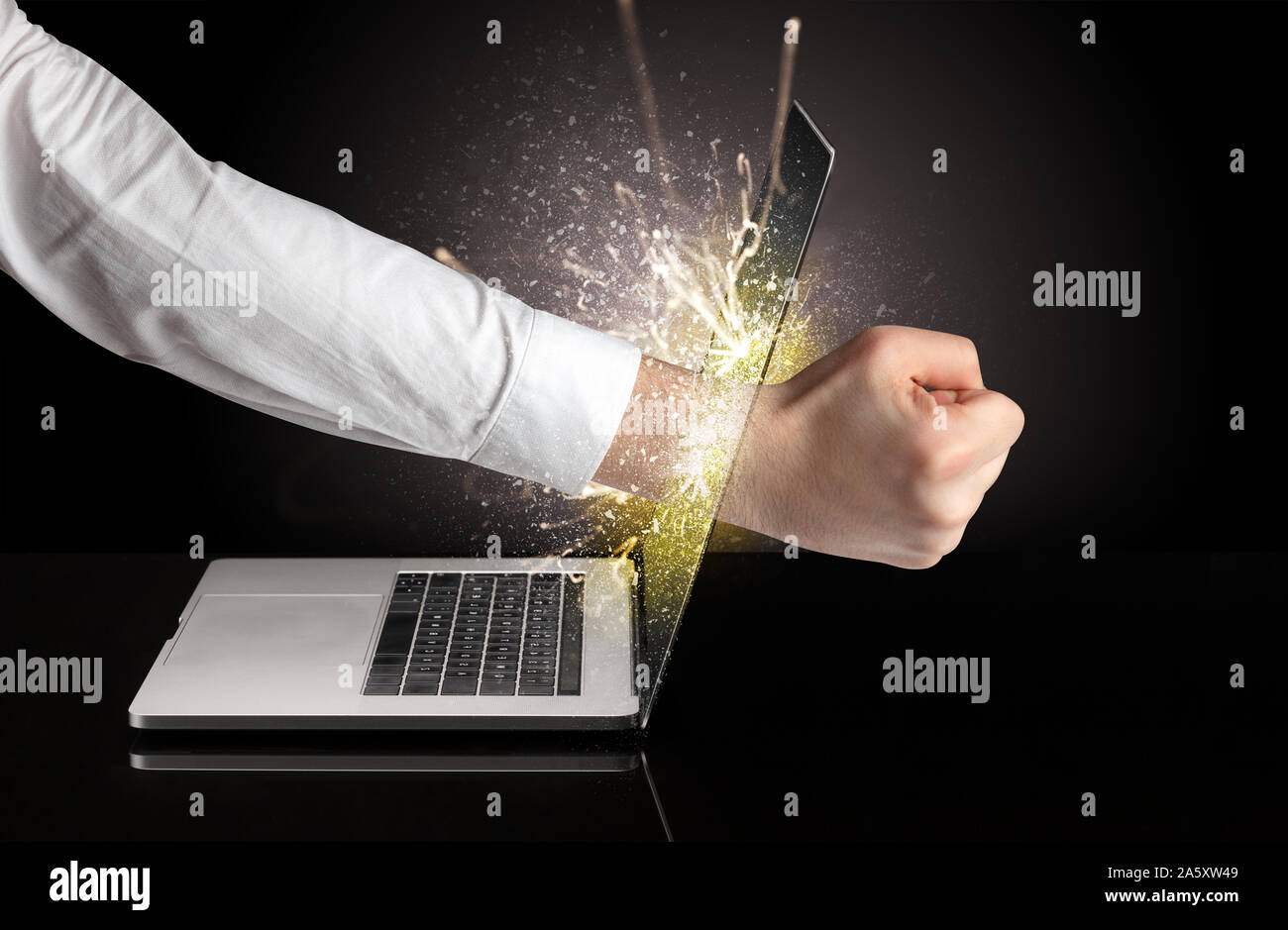 Strong arm boxing laptop screen strongly Stock Photo - Alamy