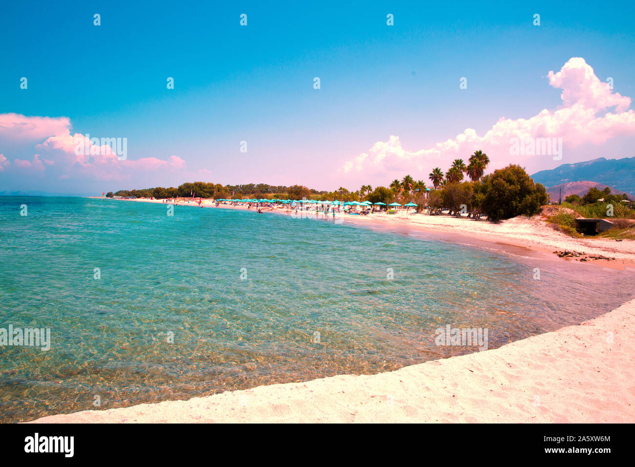 White sand beach and clear turquoise water on Mediterranean sea in Kos ...