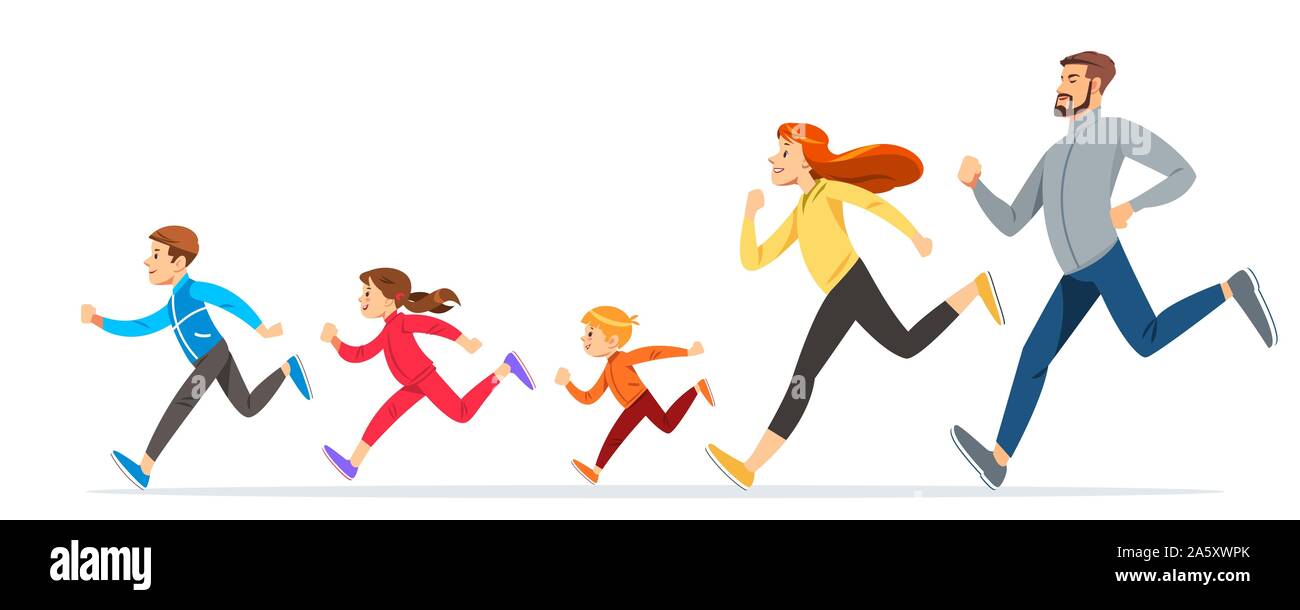 Happy Family with children running or jogging for sport and better ...