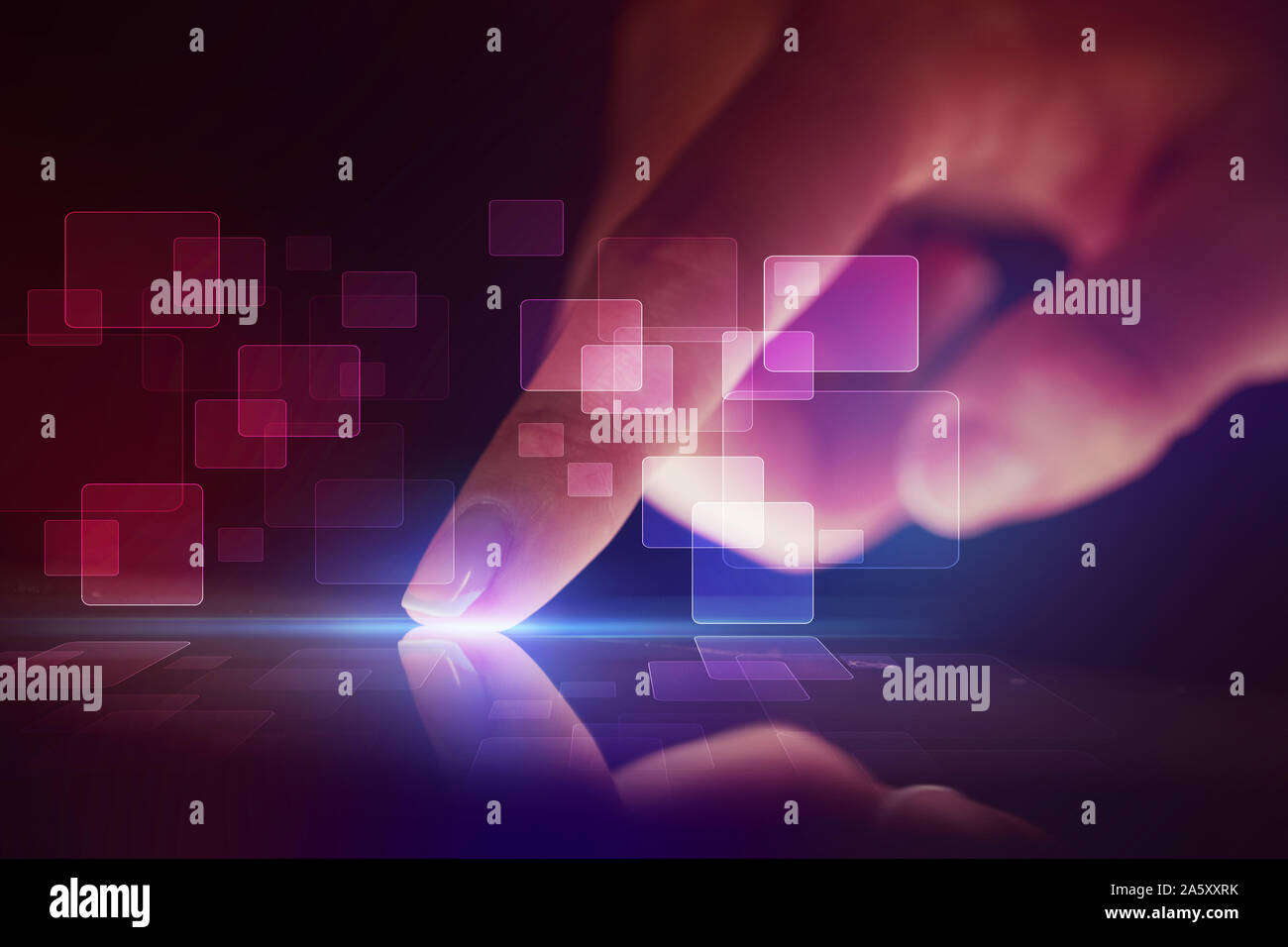 Finger touching tablet with identification concept and dark background ...