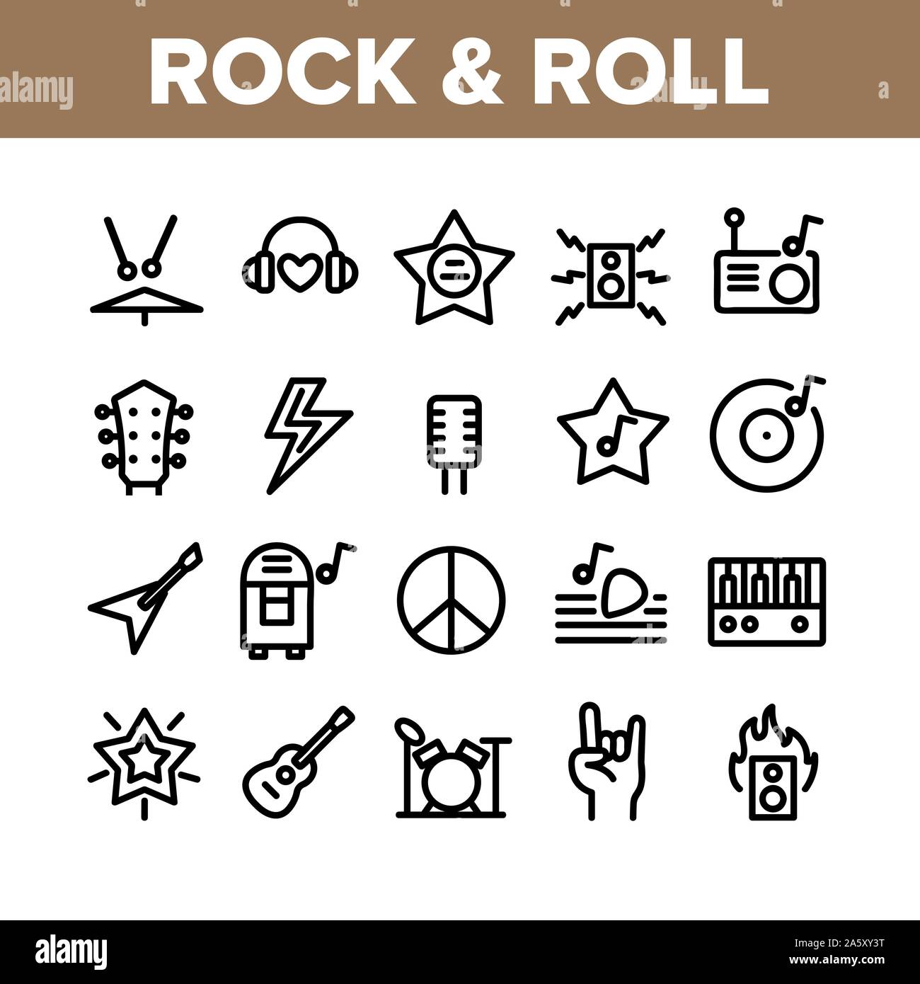 Rock And Roll Collection Elements Icons Set Vector Stock Vector Image ...