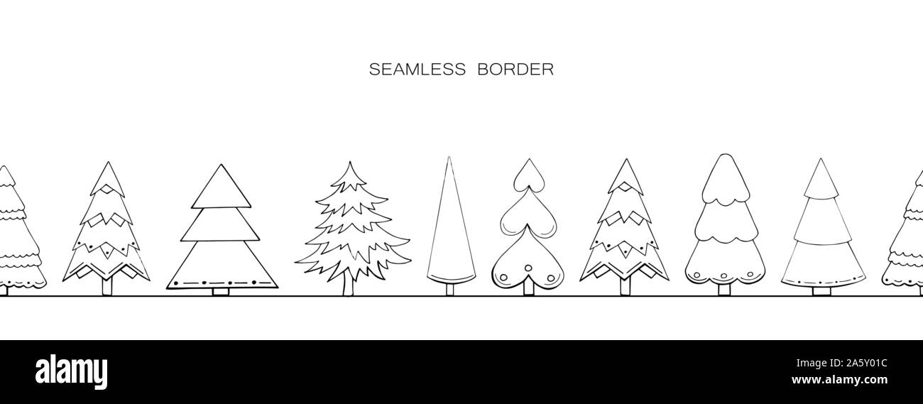 Vector seamless border with hand drawn Christmas trees isolated on ...