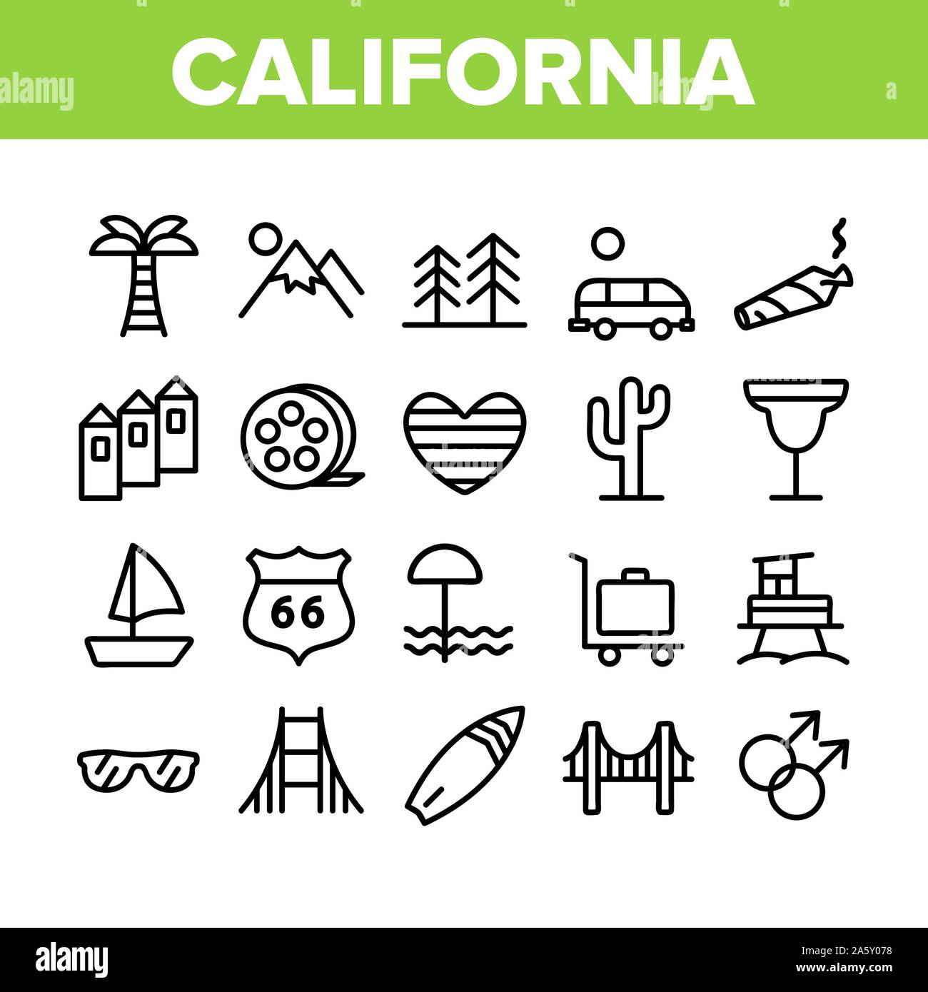 California Collection Elements Icons Set Vector Thin Line. Mountain And ...