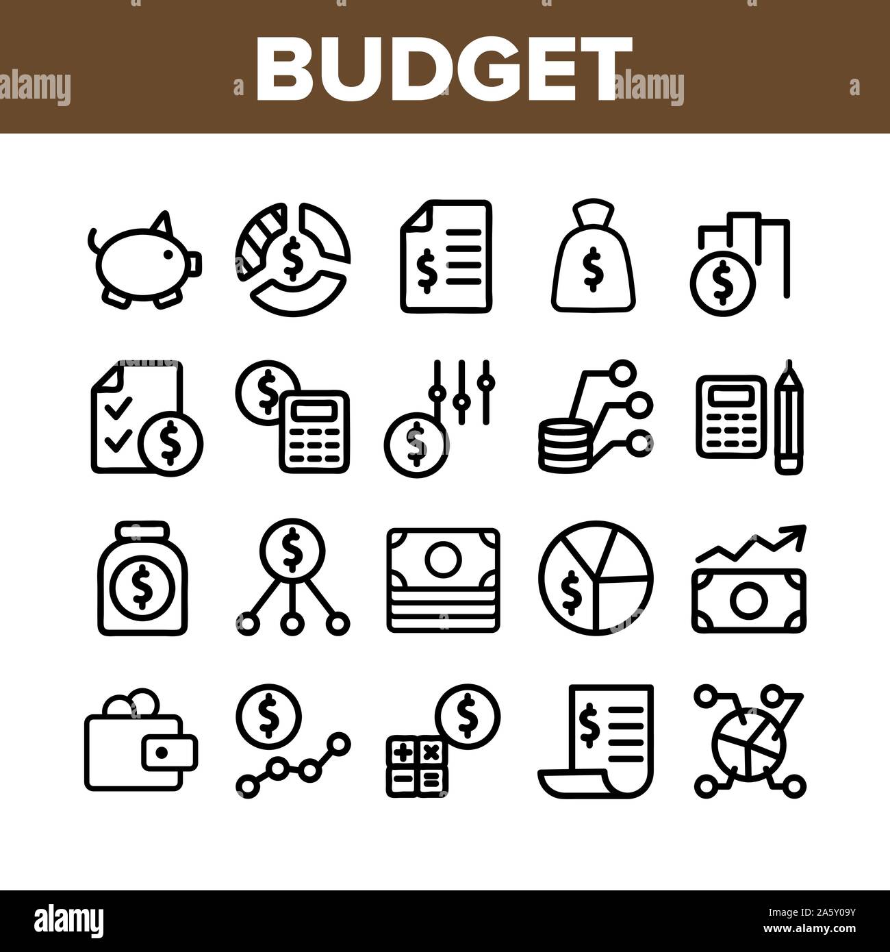 Budget Audit Collection Elements Icons Set Vector Thin Line. Dollar And ...