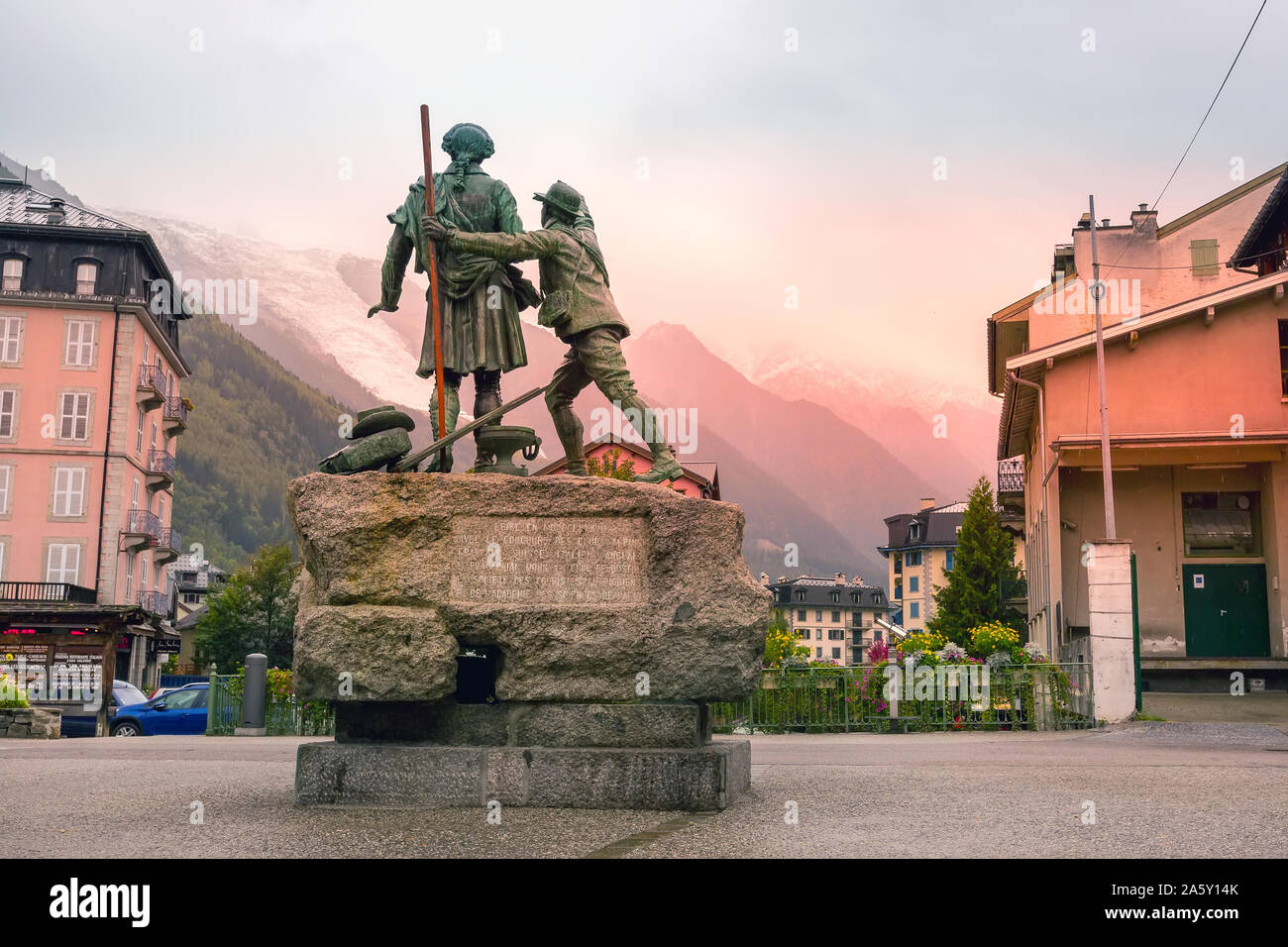 Chamonix Mont-Blanc, France - October 4, 2019: View of the statue of ...