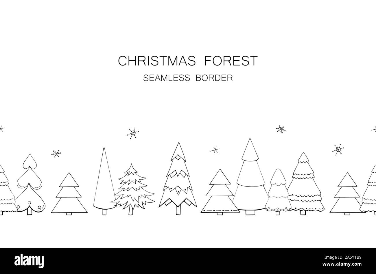 Vector seamless border with hand drawn Christmas trees and snowflakes ...