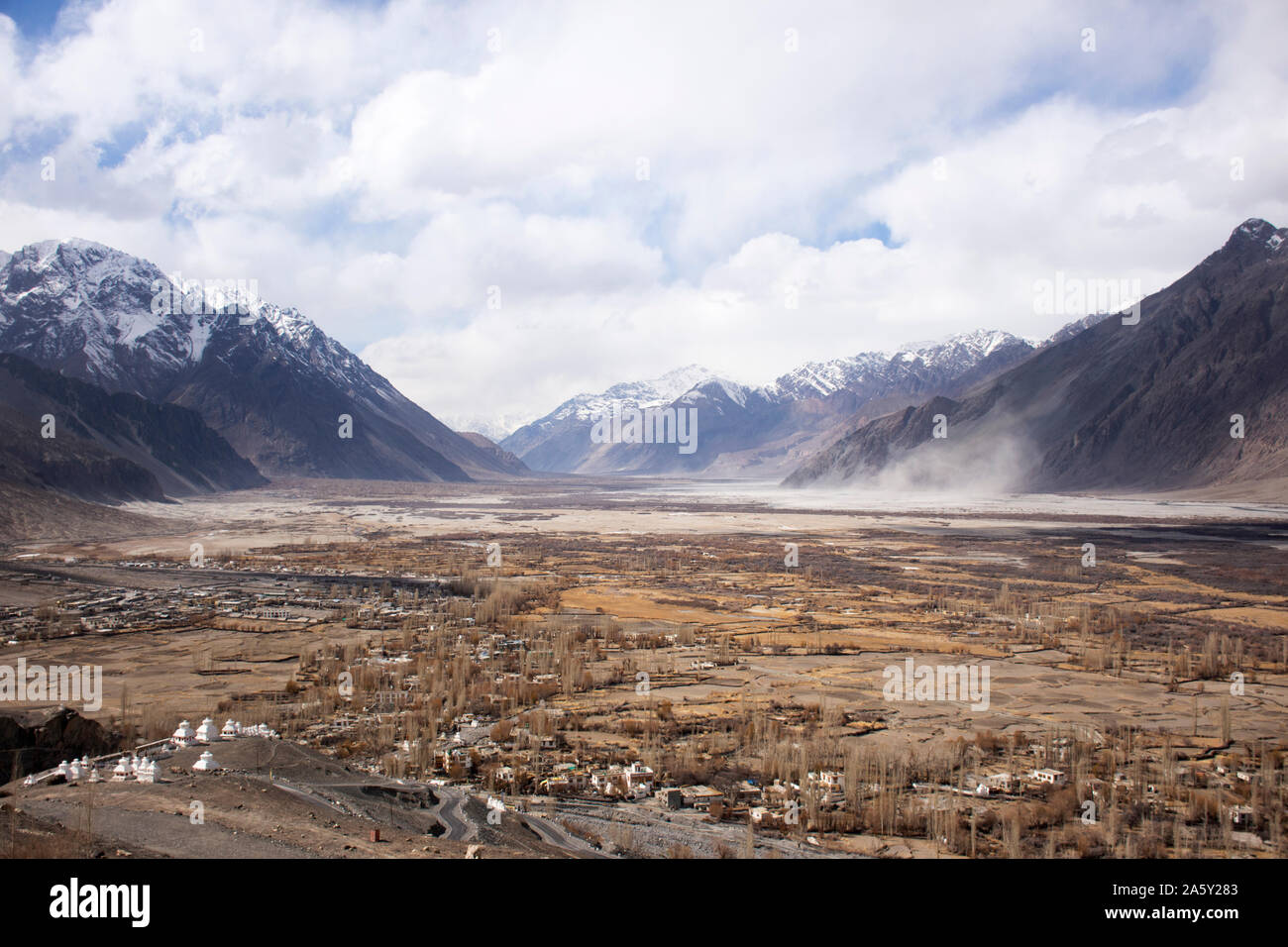 View landscape with Hunder or Hundar village in nubra tehsil valley ...