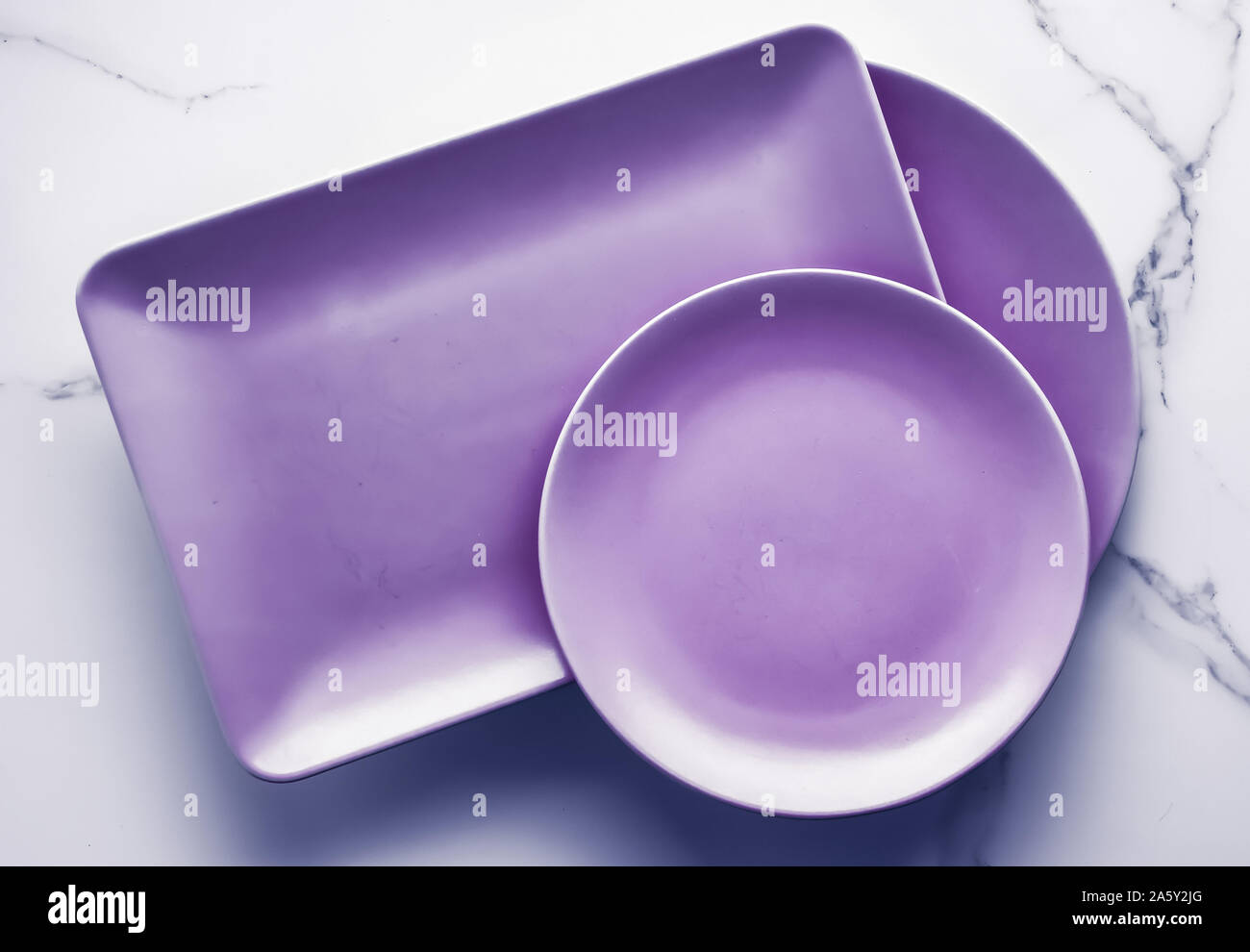Branding, cuisine and culinary concept - Purple empty plate on marble ...