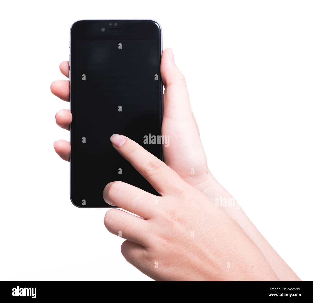 Female finger touch smartphone plus blank black screen isolated on over ...