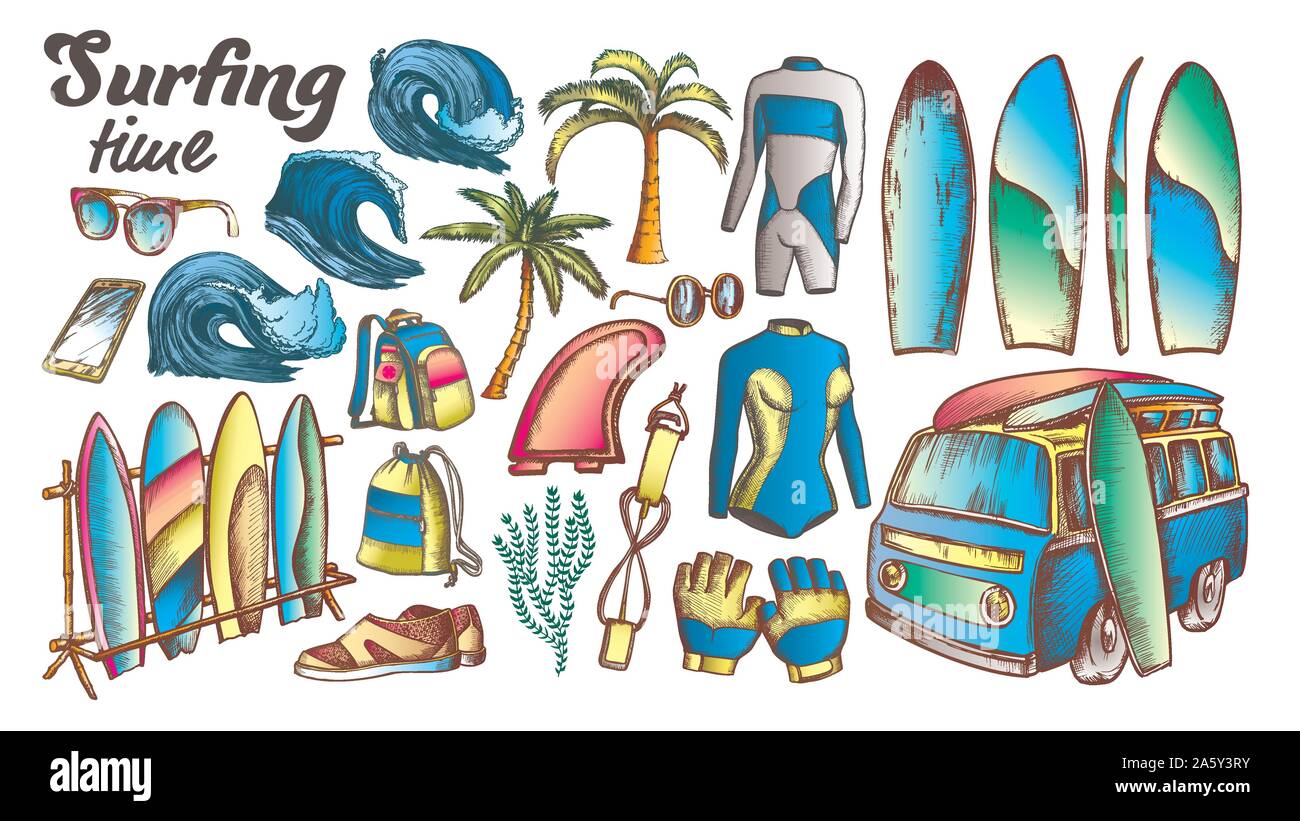Surfing Time Collection Elements Color Set Vector Stock Vector Image ...