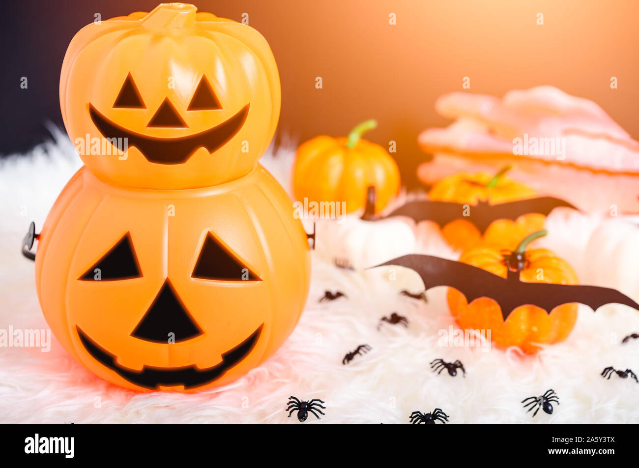 Pumpkin Jack creepy, spider and bat in photo, Halloween day concept on ...