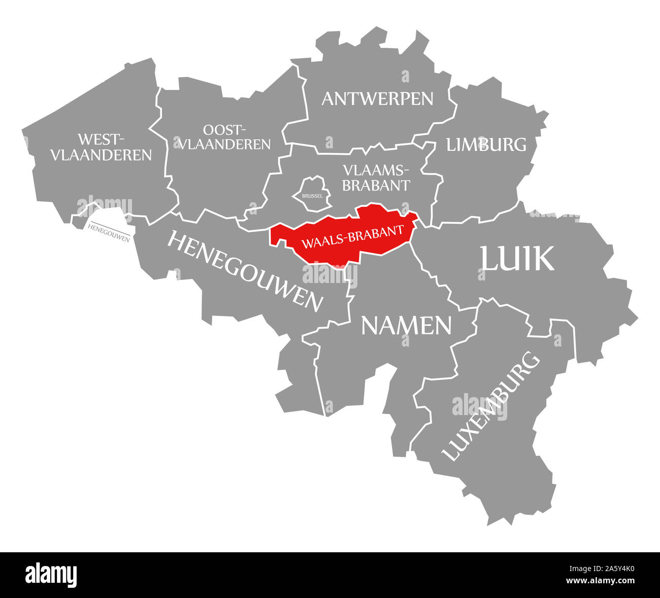 Walloon Brabant red highlighted in map of Belgium Stock Photo - Alamy