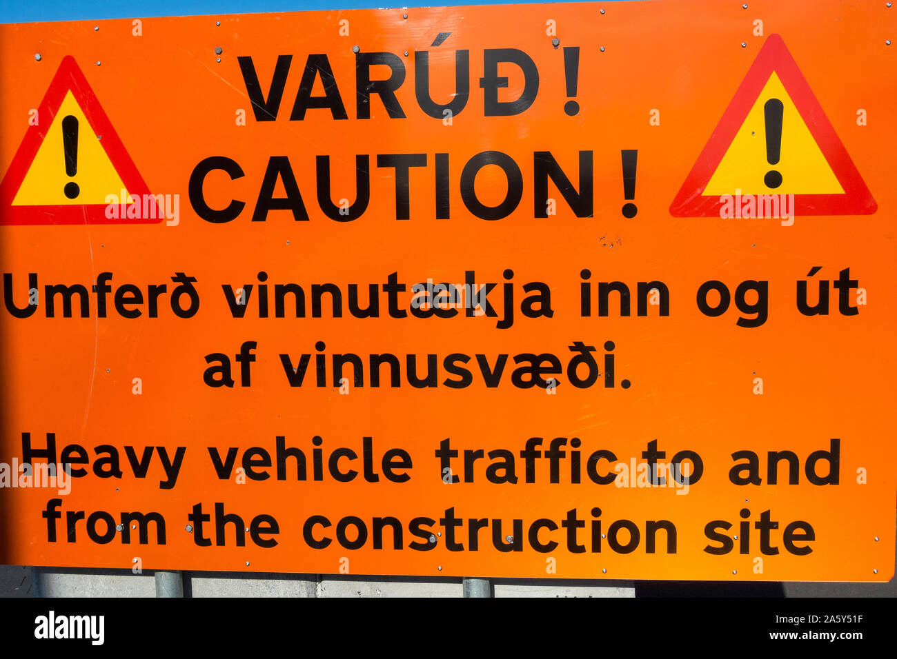 warning sign in Icelandic and english languages, Reykjavík Stock Photo ...
