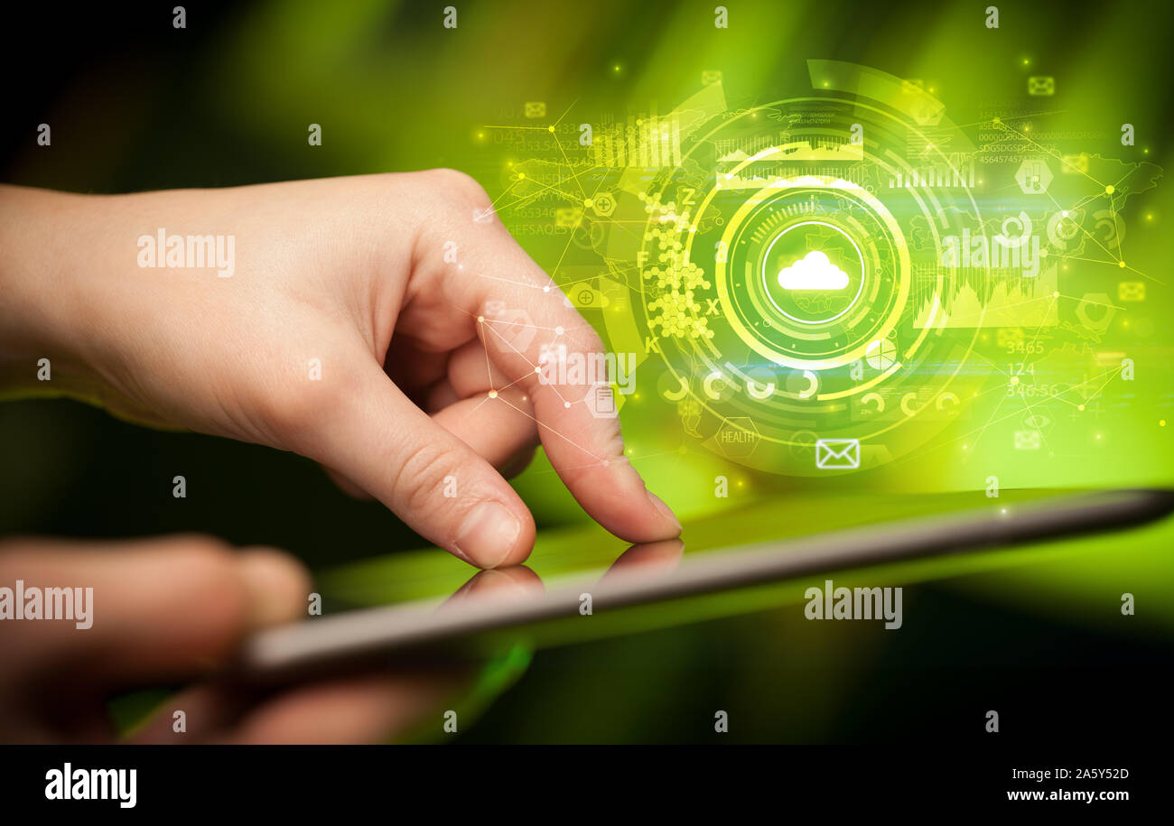 Hand holding tablet with cloud storage technology concept Stock Photo ...
