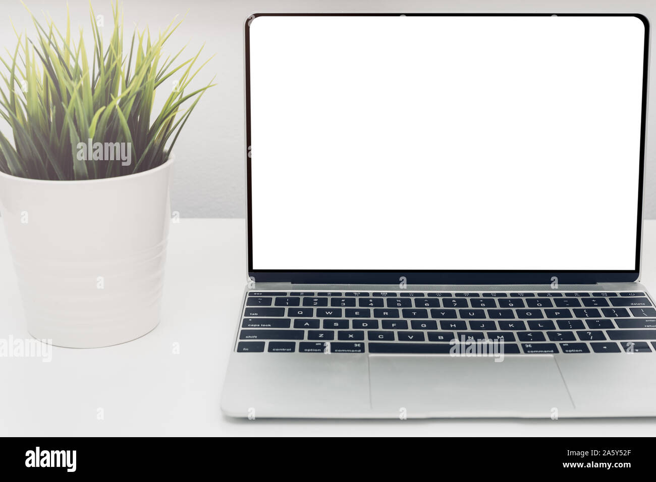 Laptop computer blank screen on white desk in office home Stock Photo ...