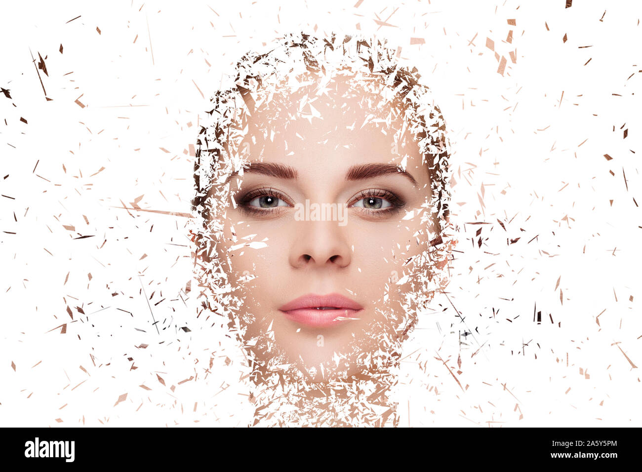 portrait of beautiful young blonde woman face crushed on white ...