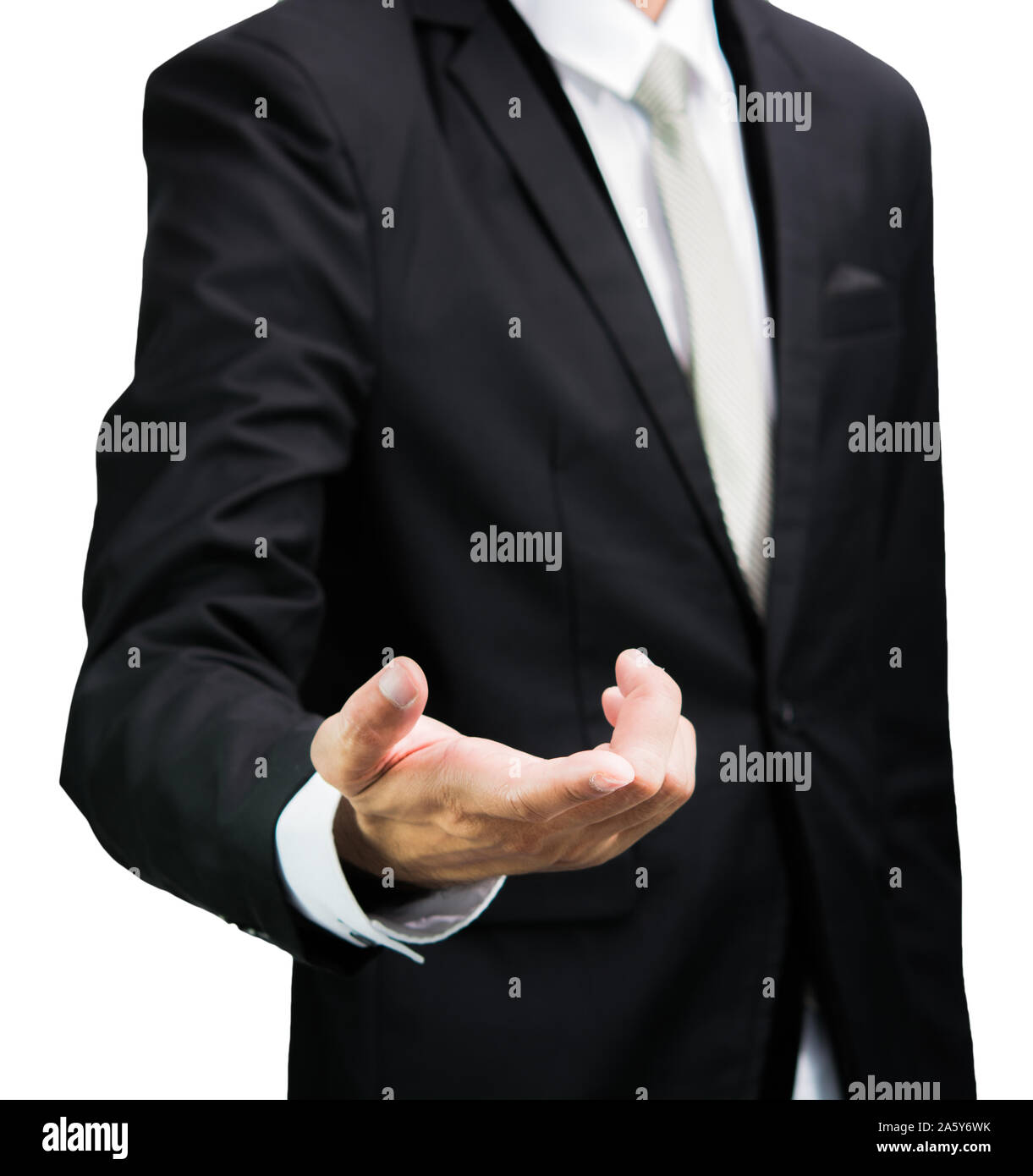 Businessman standing posture show hand isolated on over white ...