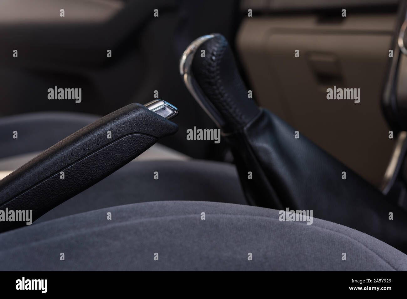Car interior brake hand control close up modern car Stock Photo - Alamy