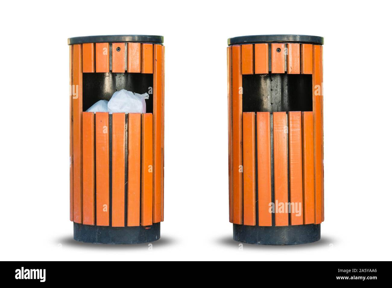 Wood litter bin in the park, Trash container isolate on over white ...