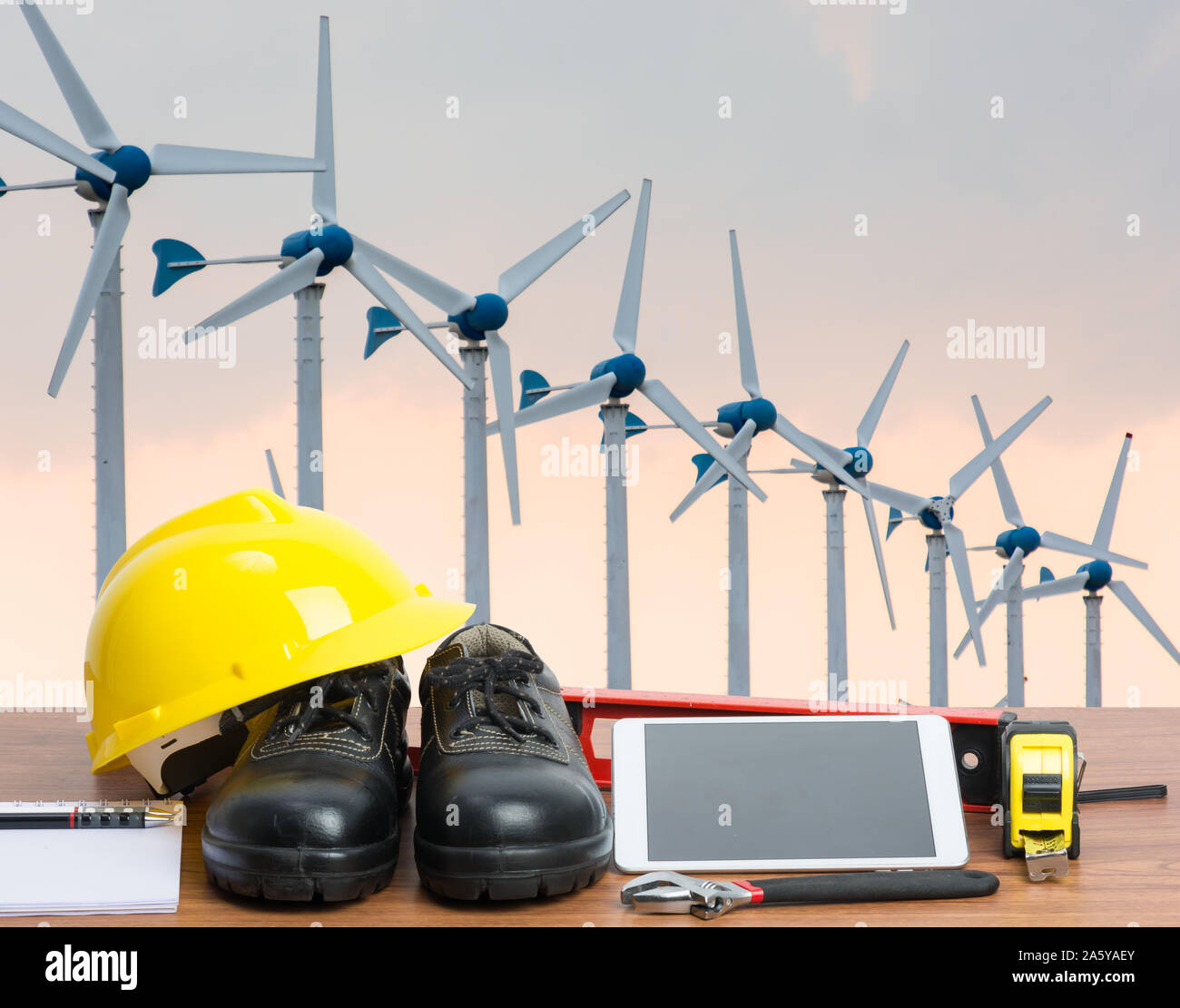 Working table engineer with tablet and tools in building construction ...