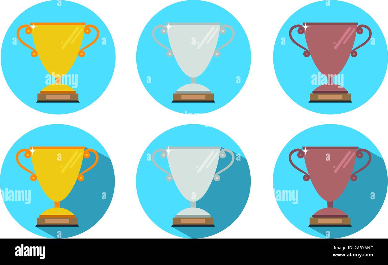 Set of gold, silver and bronze trophy icons in two versions, with and without shadow. Flat style ...