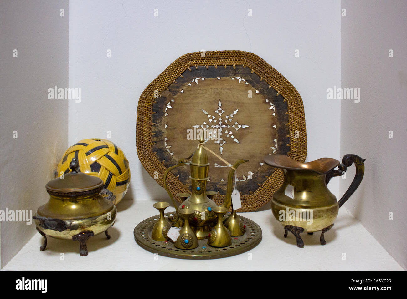 Arab traditional old antique items. Brass coffee pot,cups,plates and ...