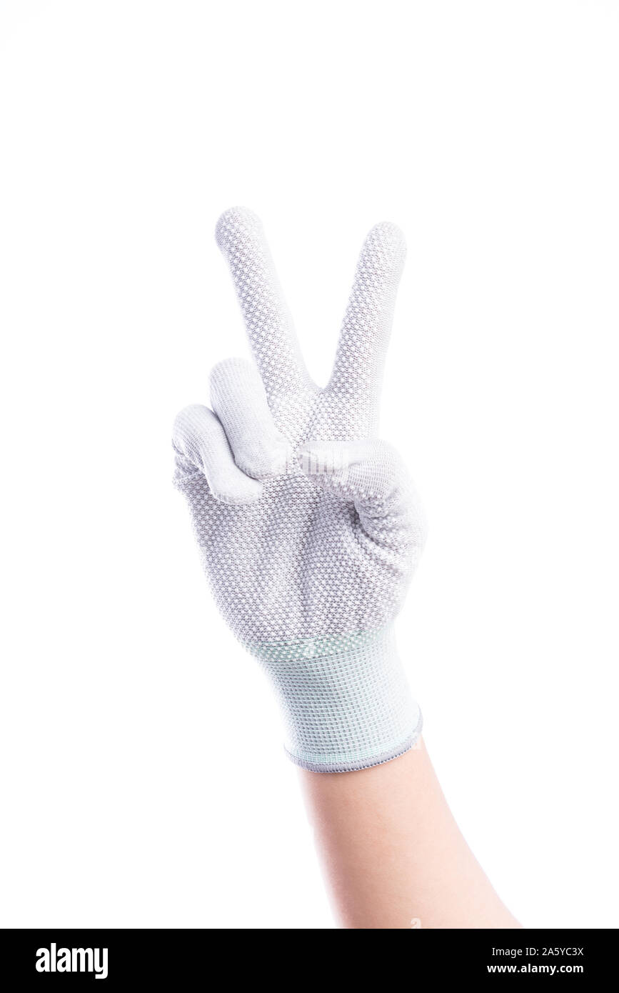 Show Hands two finger with cotton gloves isolate on white background ...