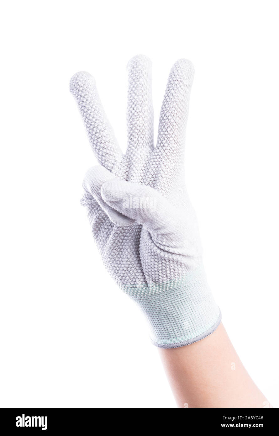 Show Hands three finger with cotton gloves isolate on white background ...