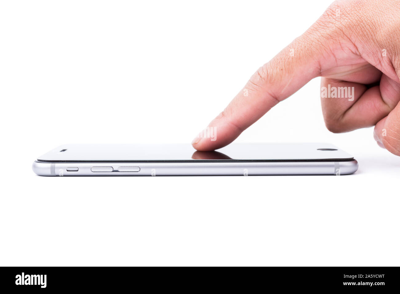 Smart mobile phone finger touch on touchscreen with blank screen ...