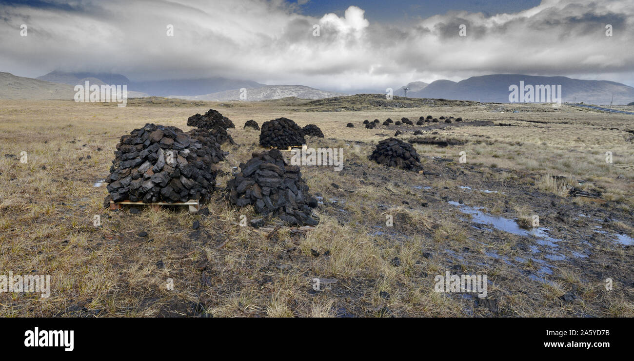 Ireland Galway, 2018 - Bogland in Ireland, with piles of turf drying ...