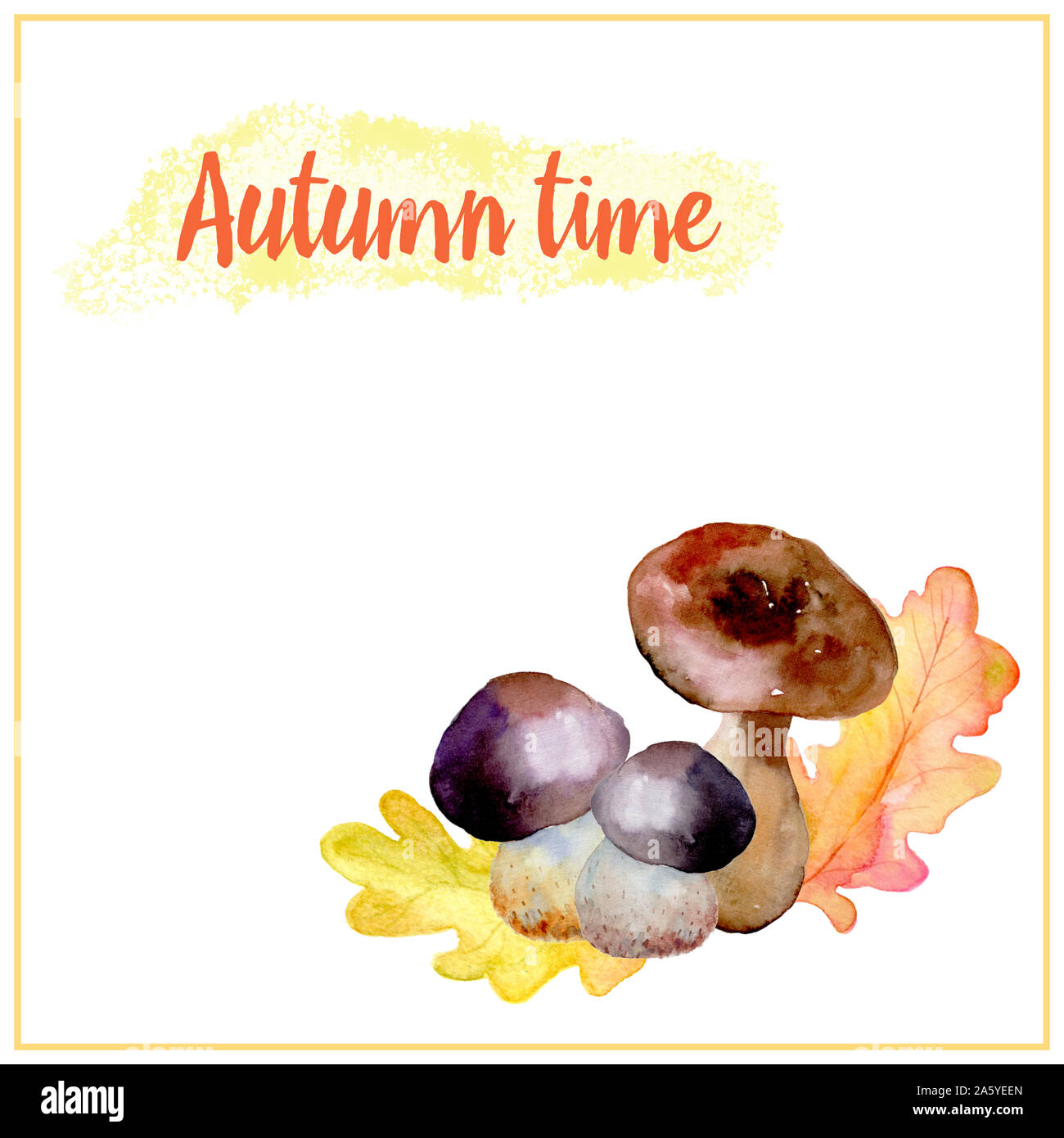 Watercolor autumn template with mushrooms, yellow and red leaves ...