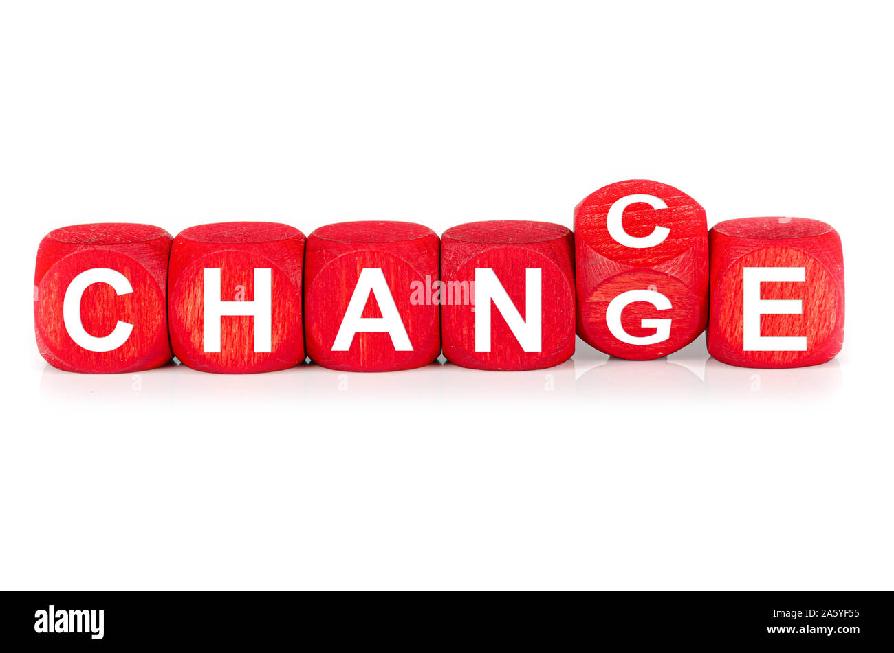 wooden cube with word change to chance, buildt from red dices, isolated ...
