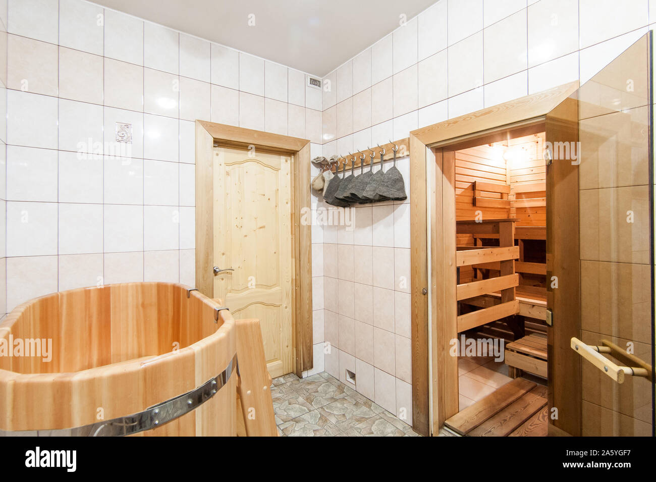 Russia, Moscow- May 29, 2019: interior room apartment. bathhouse, sauna ...