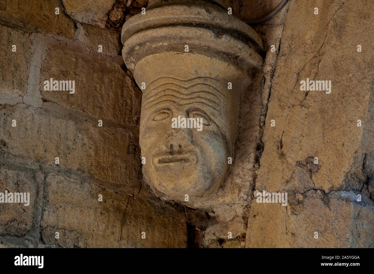 Carved head in the south porch, St. Kenelm`s Church, Enstone ...