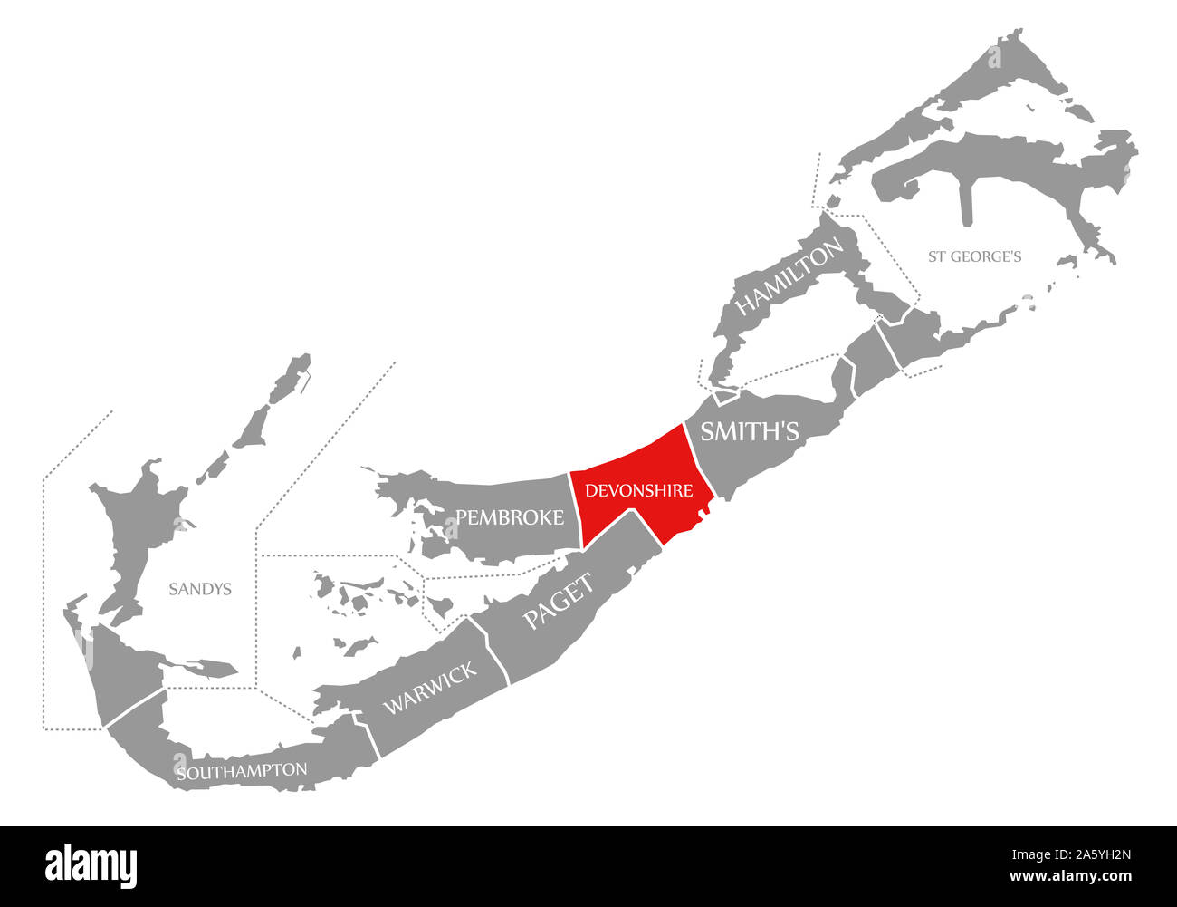 Devonshire red highlighted in map of Bermuda Stock Photo - Alamy