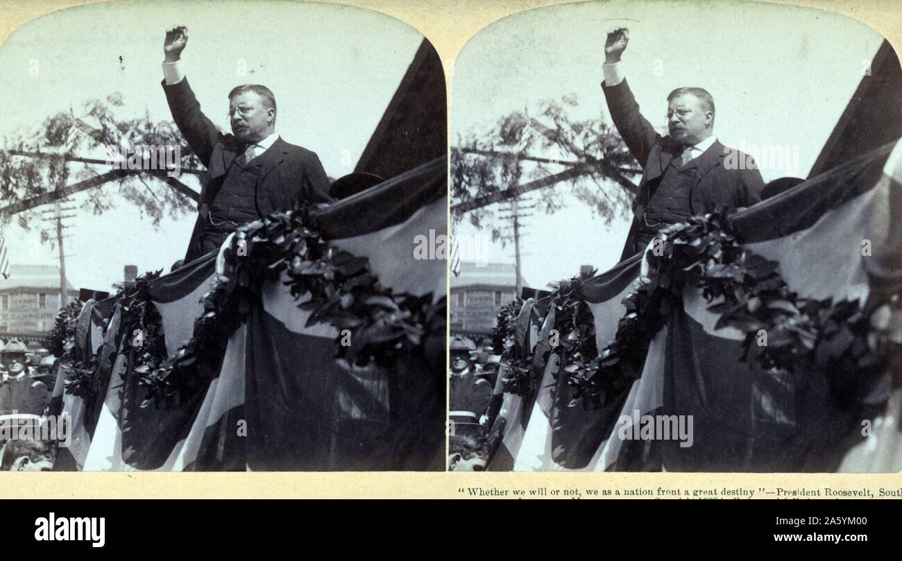 U.S President Theodore Roosevelt speaking at a political rally. 1902 ...