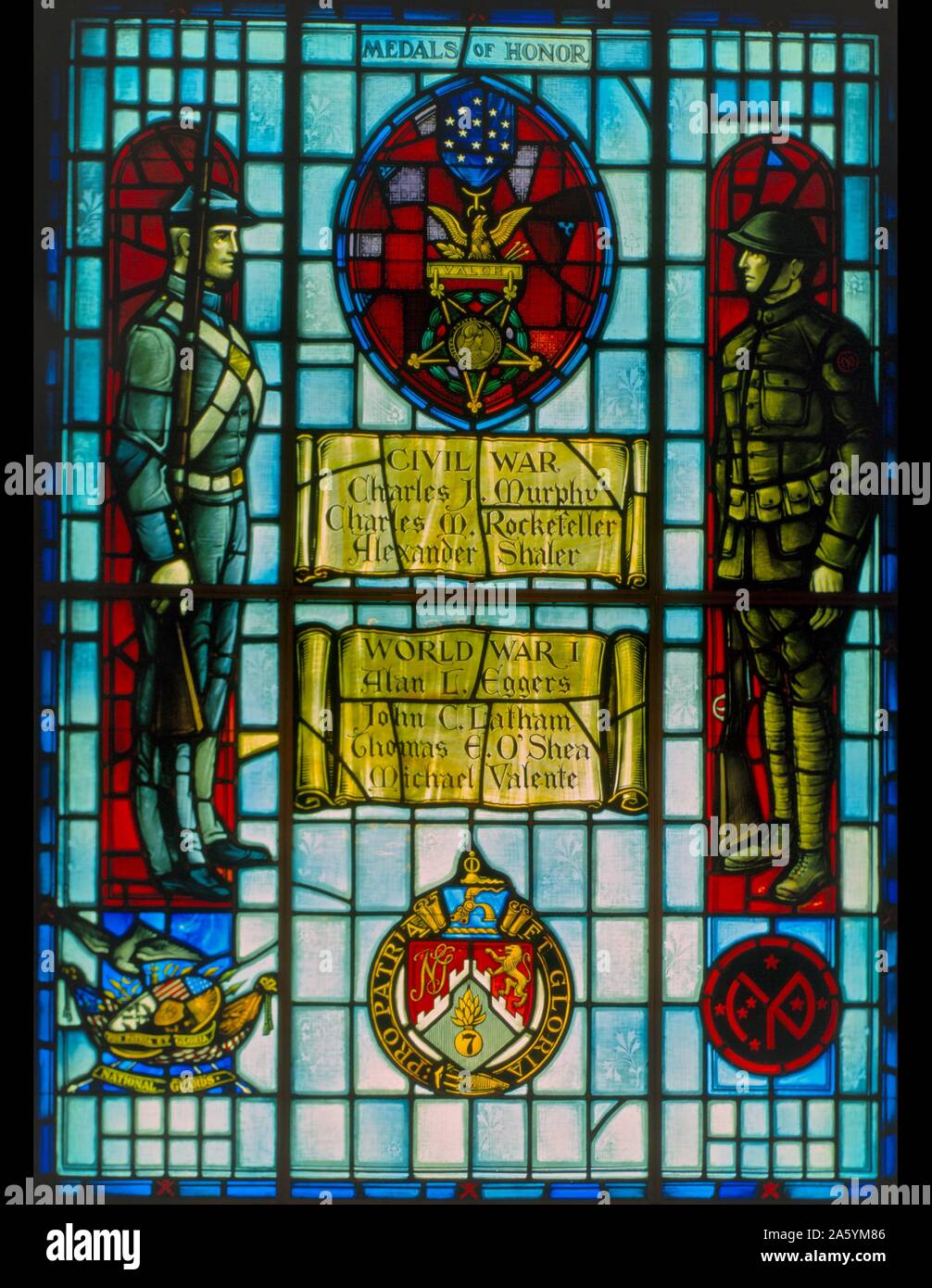 Interior view, first floor, main hall, detail of stained glass window ...