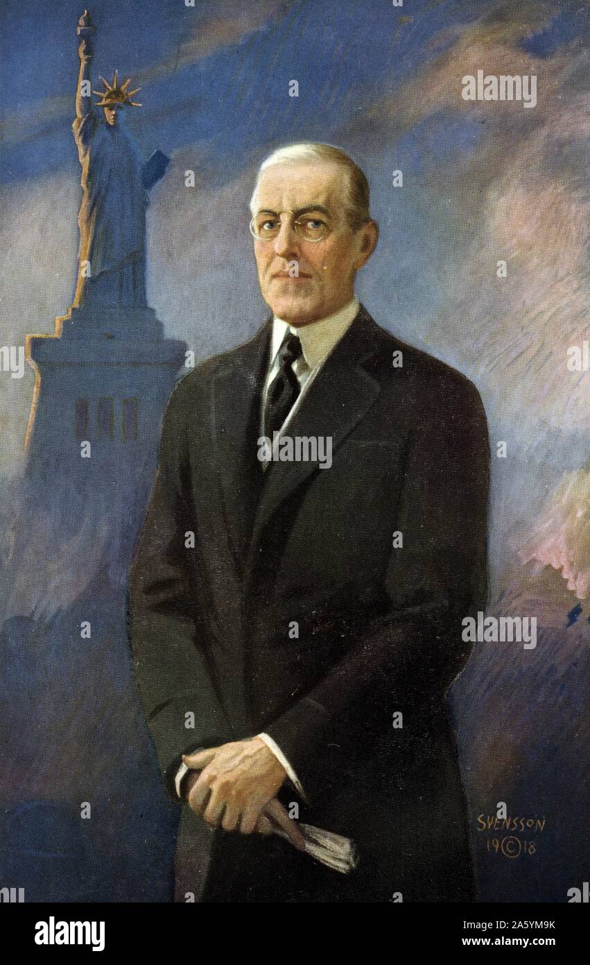 Woodrow Wilson with Statue of Liberty in background. Wilson was the ...