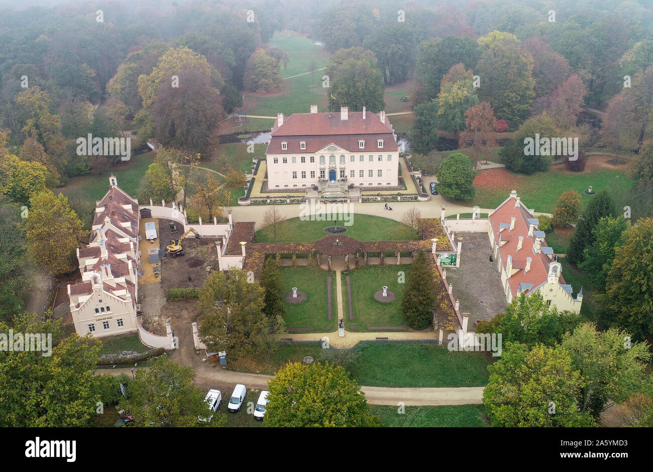 Cottbus, Germany. 23rd Oct, 2019. In the light fog over the Fürst ...