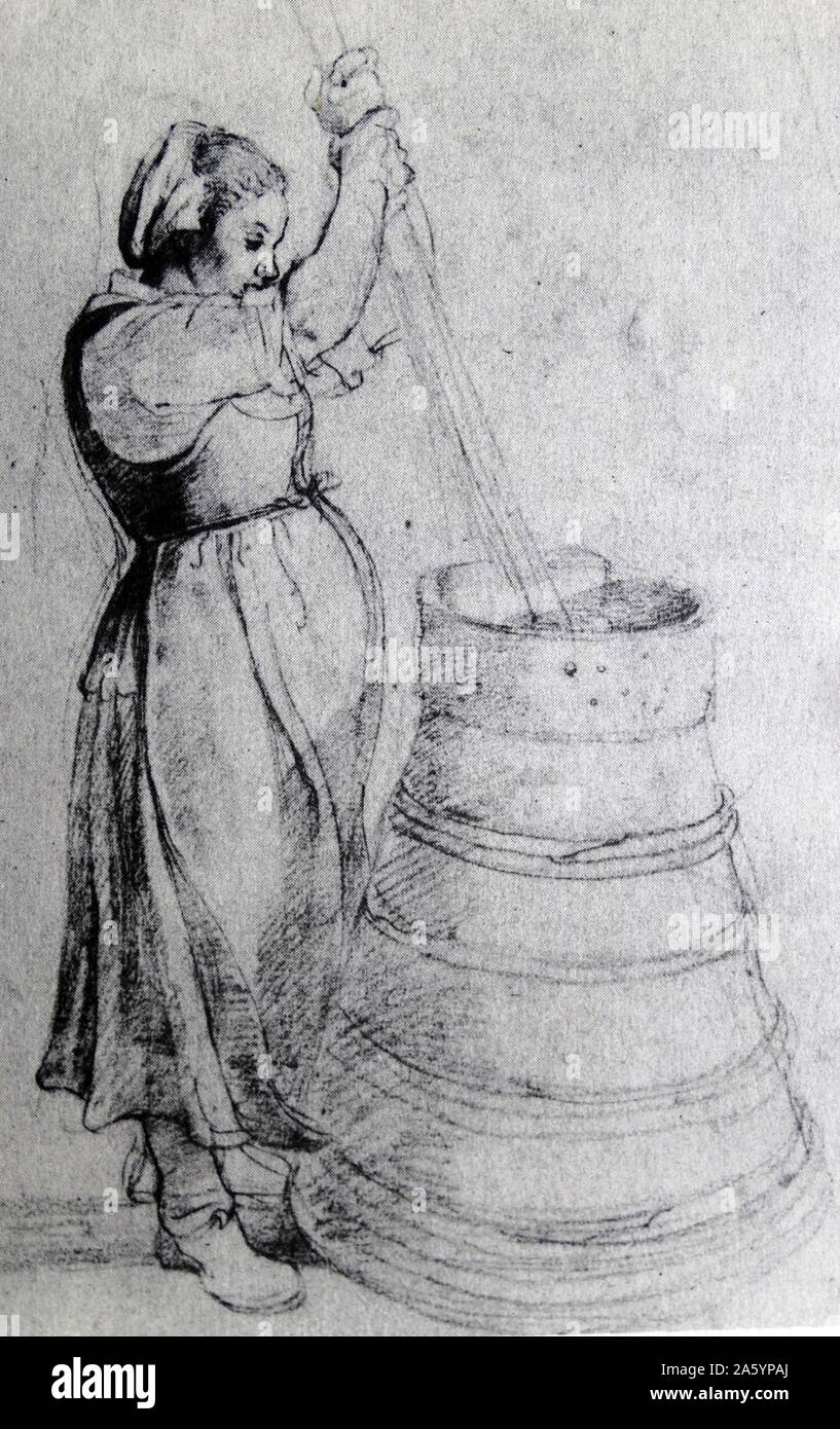 17th Century illustration of a woman churning butter. Dated 1620 Stock ...