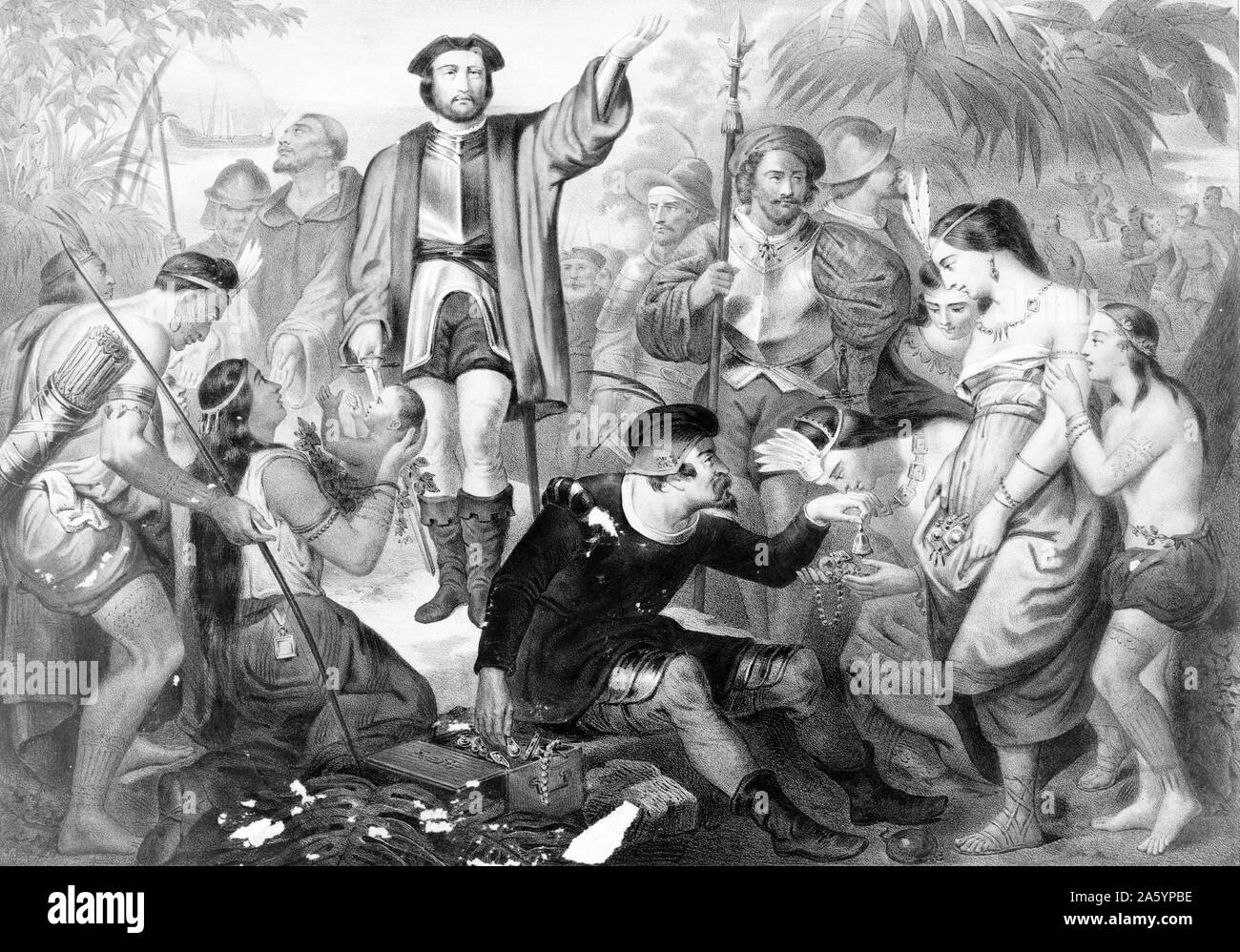 Illustration depicting Christopher Columbus among Indians by Turgis Vve ...