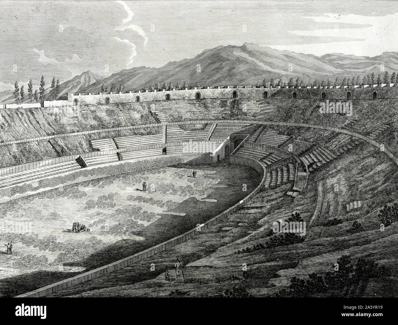 19th century drawing of the Amphitheatre at Pompeii Italy. The ...