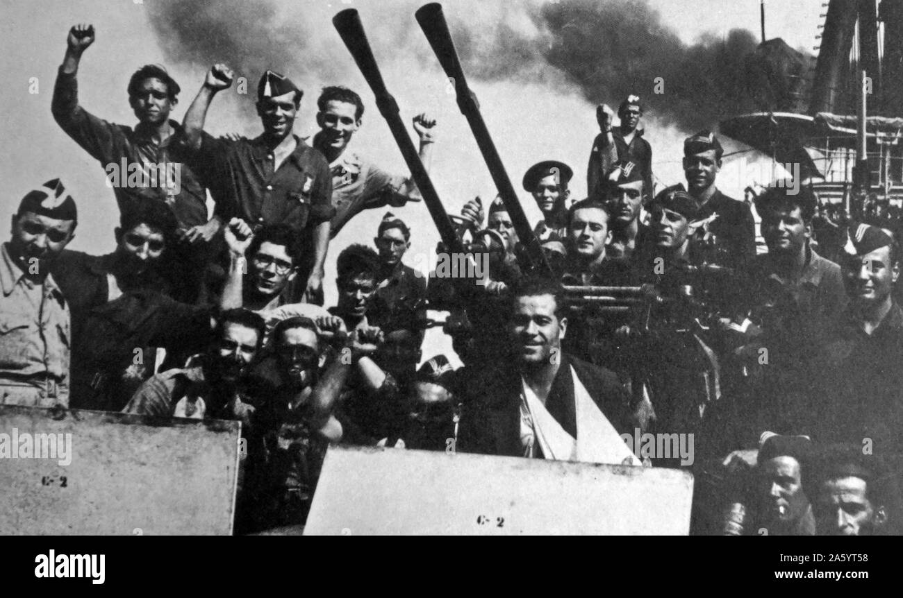 Jubilant sailors cheer on the Nationalist cruiser, Almirante Miranda ...