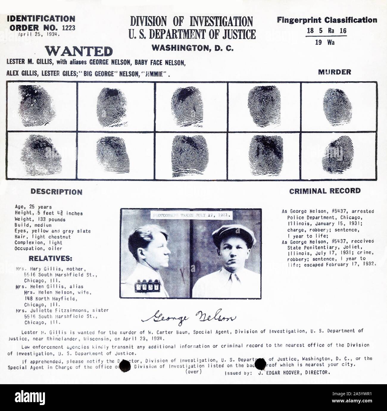 Fingerprint record for “Baby Face” Nelson. Lester Joseph Gillis (1908 ...