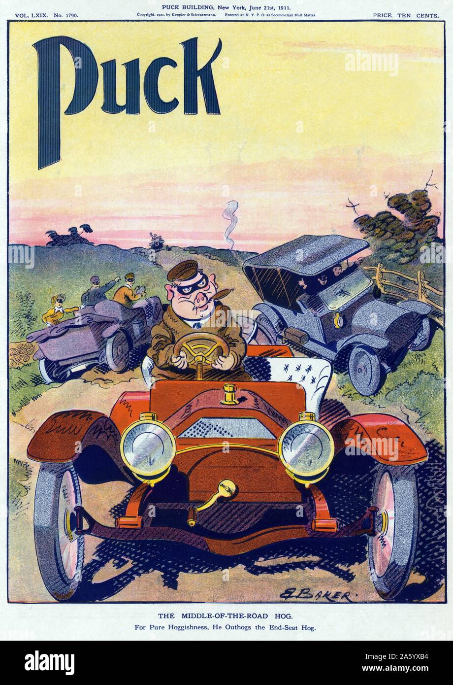 Illustration shows a road hog driving an automobile down the middle of ...