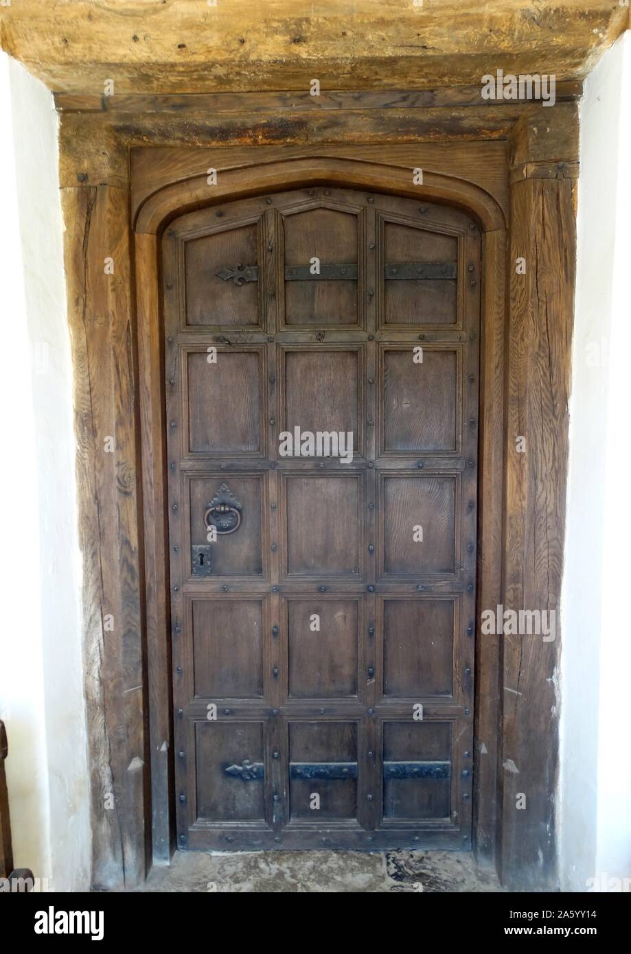 Tudor period main entrance wooden panelled door, at Sulgrave Manor ...