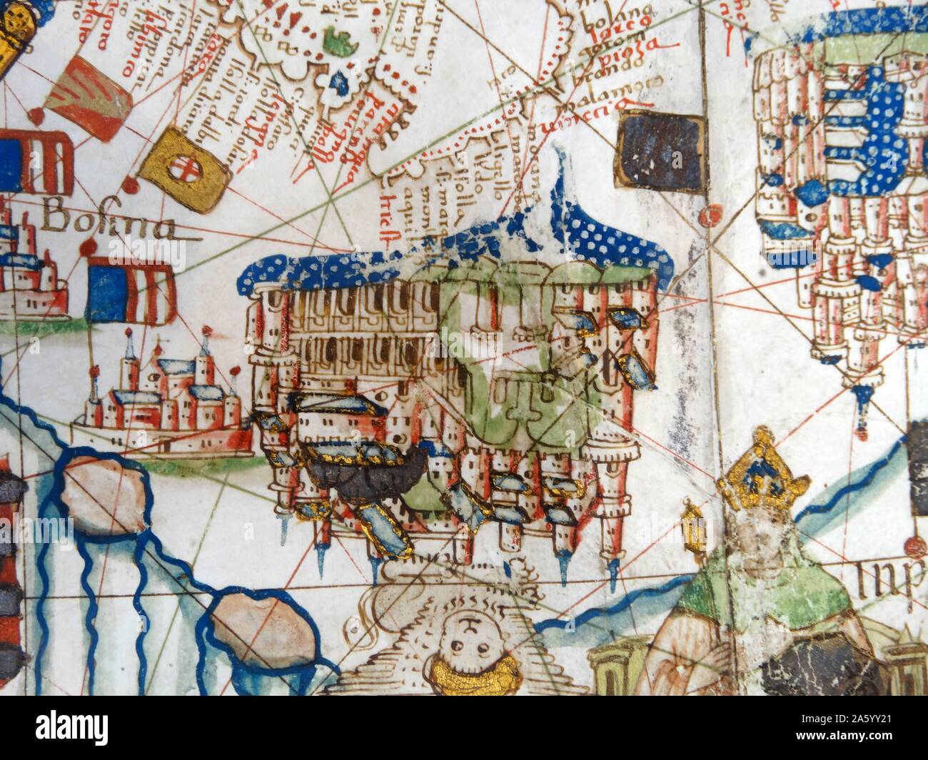 Renaissance map of Europe, Jacopo Russo, 1528, detail of Bosnia Stock ...