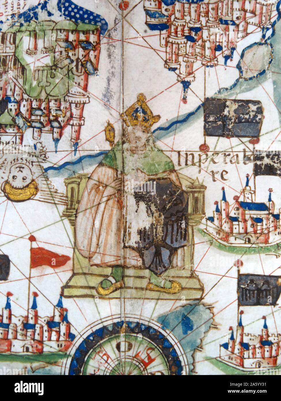 Renaissance map of Europe, Jacopo Russo, 1528, detail of Charles V the ...