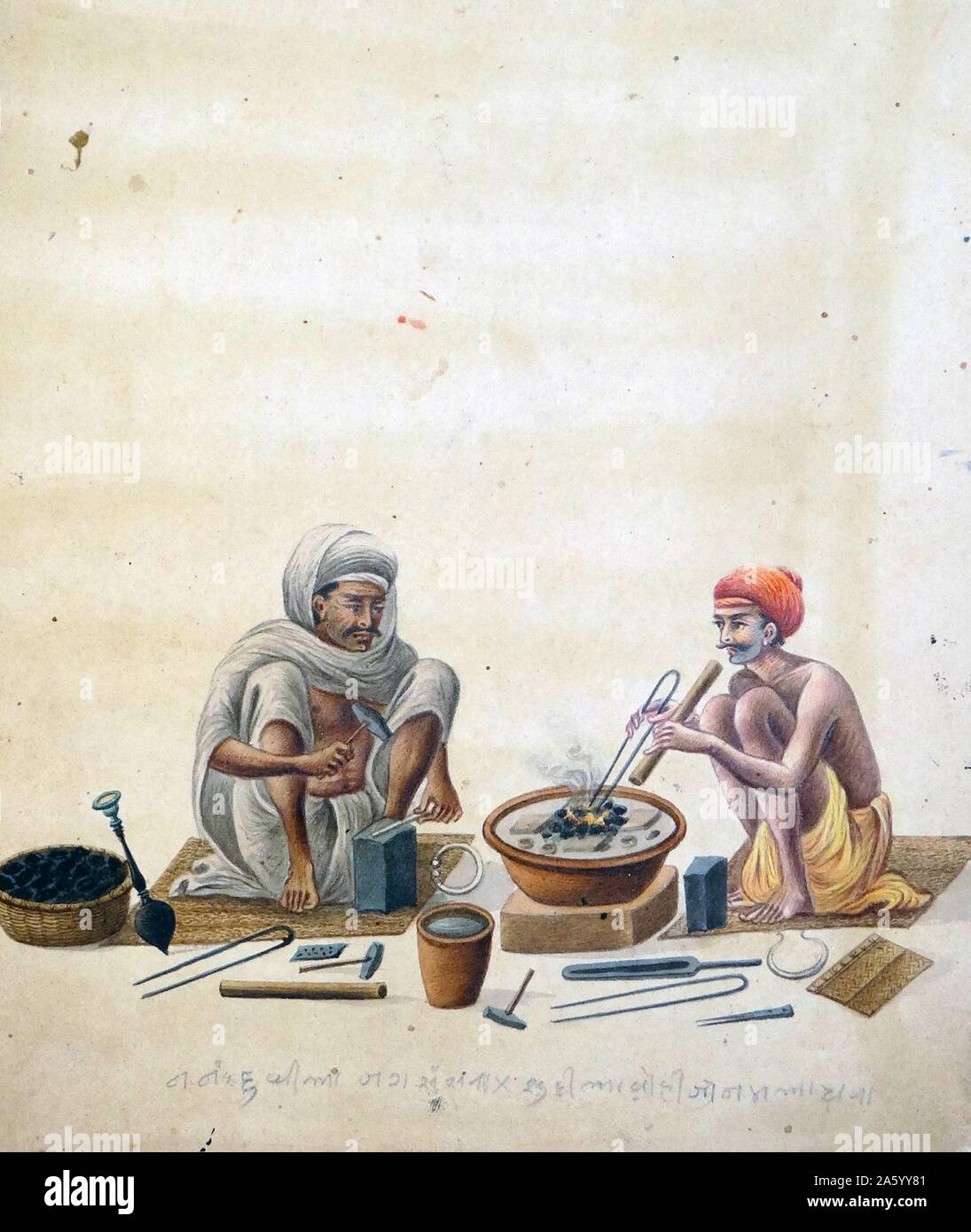 Watercolour illustration of a silversmith and his assistant. Panta ...